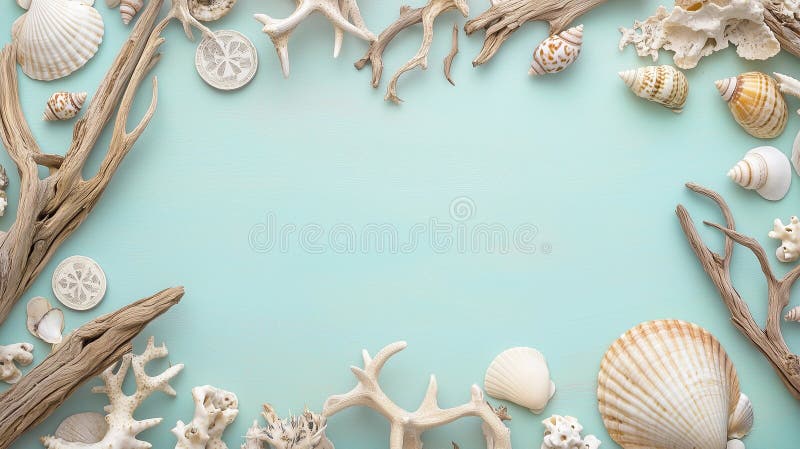 Decorative Summer Border Featuring Unique Shells and Driftwood on ...