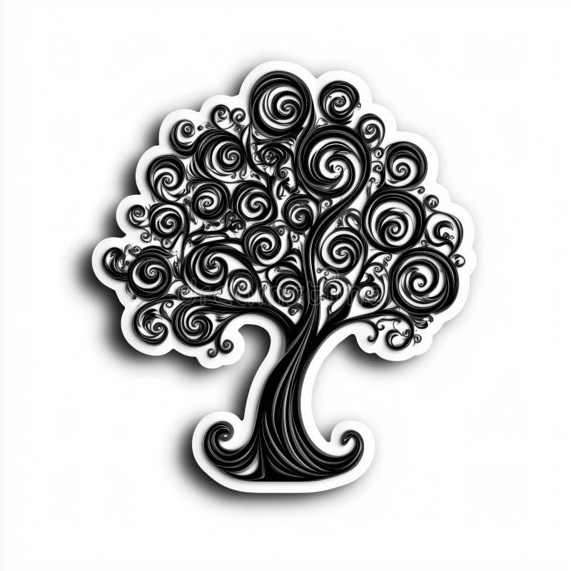 Decorative Swirling Tree Sticker with Shadow Effect on White Background ...