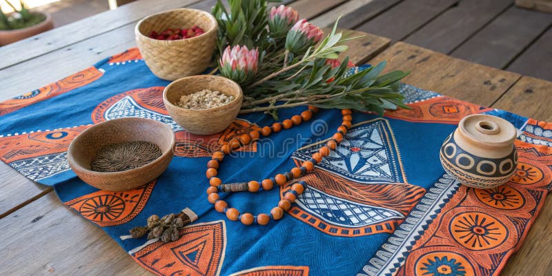 Decorative Table Display Featuring Cultural Items and Natural Elements ...