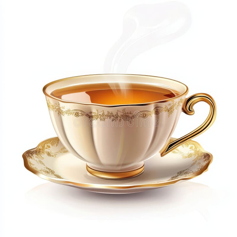 A Decorative Teacup with Steam, Holding Brewed Tea on an Elegant Saucer ...