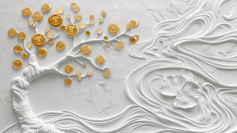 Abstract Tree with Gold Coins and Swirling Patterns Stock Image - Image ...