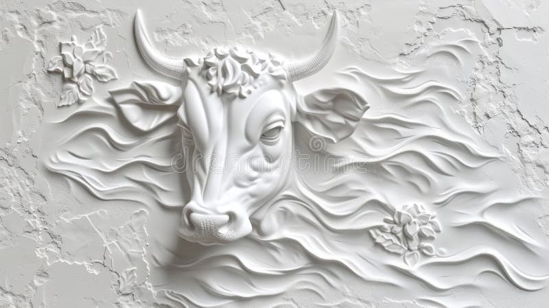 White Plaster Bull Relief with Floral Elements Stock Image - Image of ...