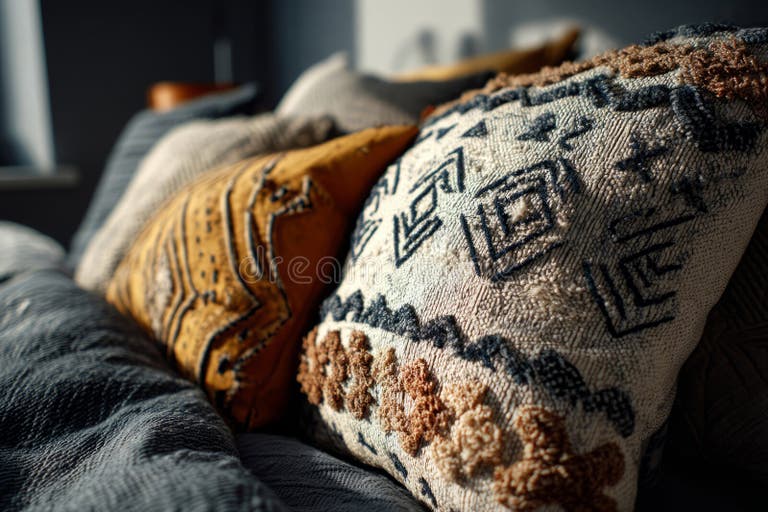 Decorative Textured Pillows on Cozy Bed Stock Photo - Image of cushion ...