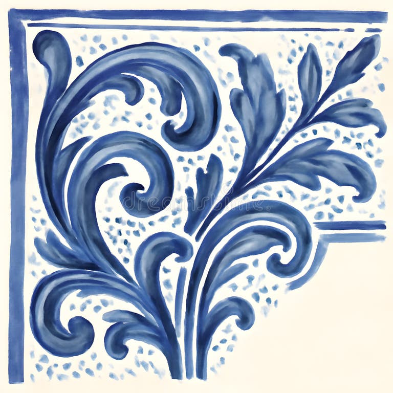 A Decorative Tile Corner Features Blue Floral Scroll Patterns and ...