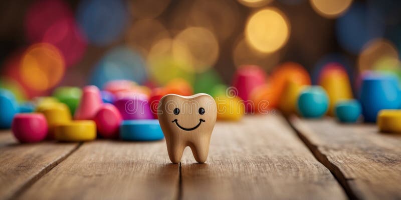 Decorative Tooth Figurine with Smiling Face on Rustic Wooden Table ...