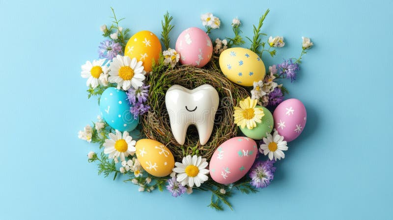 Decorative Tooth Surrounded by Colorful Easter Eggs and Flowers on Blue ...