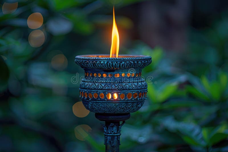 Ornate Teal Torch with Flickering Flame in Garden Stock Illustration ...