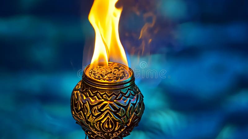 Decorative Torch with Flame Against Blurred Blue Background Stock Video ...