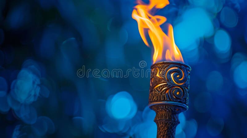 Decorative Torch with Lit Flame Against a Blurred Blue Background ...