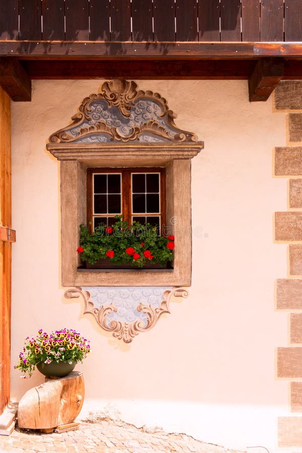 Decorative Traditional Window of an Alpine House Stock Photo - Image of ...