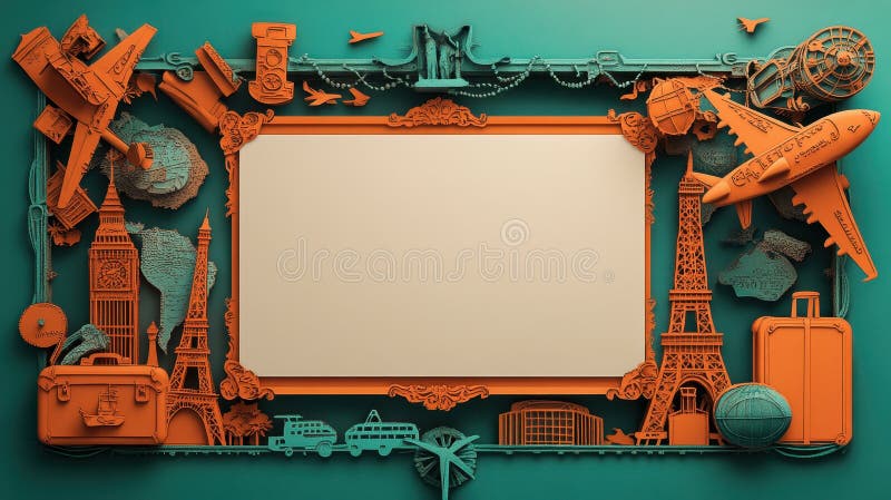 A Decorative Travel-themed Frame Featuring Iconic Landmarks and Travel ...