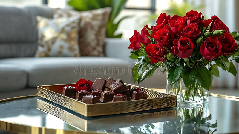 Decorative Tray with Chocolates and Red Roses on Glass Table, Creating ...