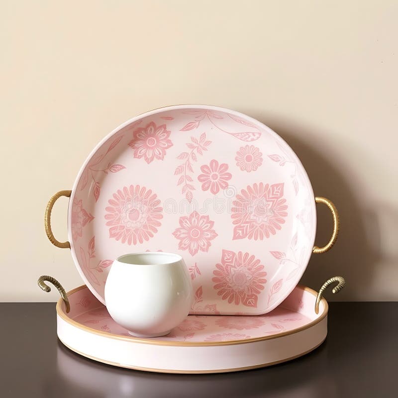 A Decorative Tray with Pastel Pink Patterns Against a Light Beige Wall ...