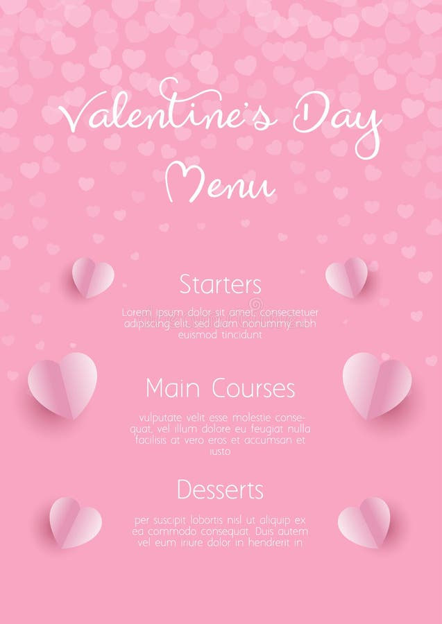 Decorative Valentines Day Menu Design with Pink Hearts Stock Vector ...