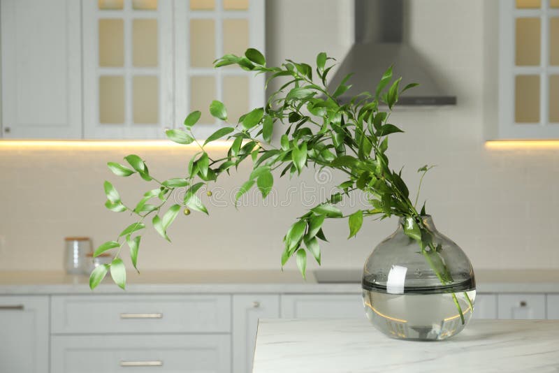 Decorative Vase with Branch on Table in Kitchen Stock Photo - Image of ...