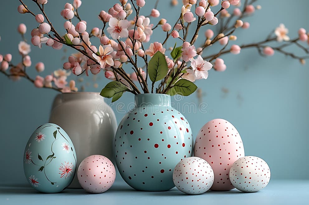 Still Life Decorative Vases with Cherry Blossoms and Colorful Easter Eggs on Blue Stock ...