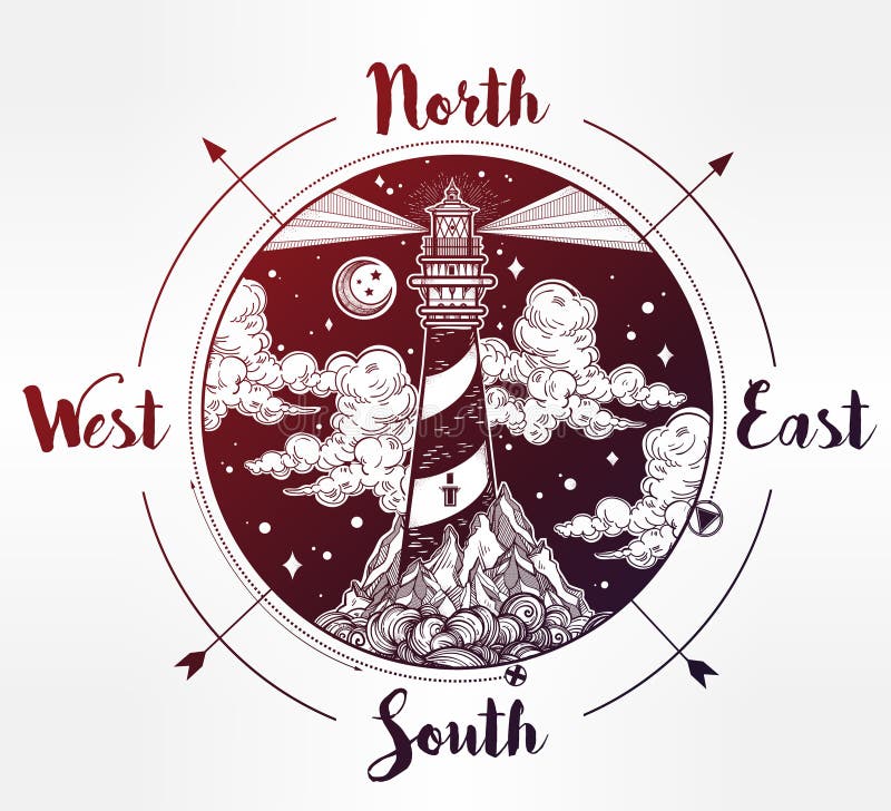 Decorative Lighthouse Compass Illustration Stock Vector - Illustration ...