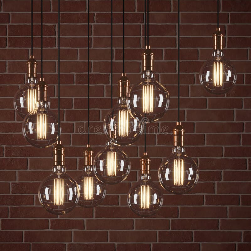 Decorative Vintage Light Bulbs in Edison Style on Brick Wall Background ...
