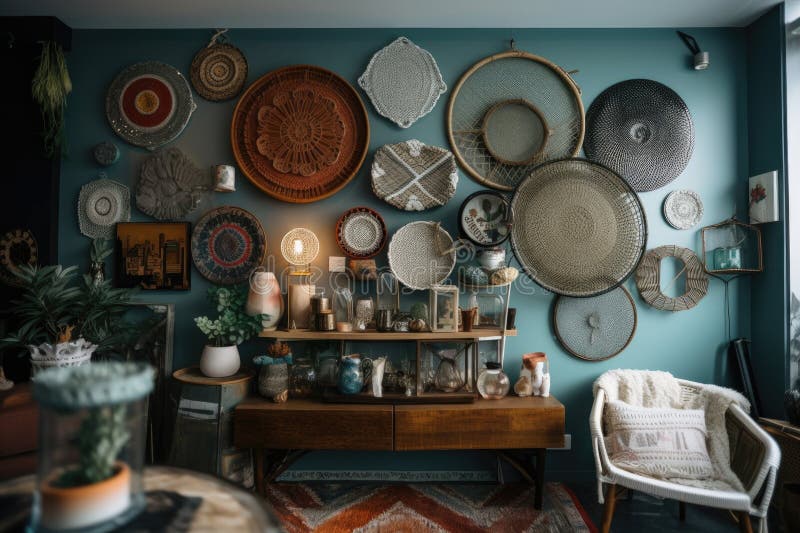 A Decorative Wall with a Mix of Upcycled Items and New Pieces Stock ...