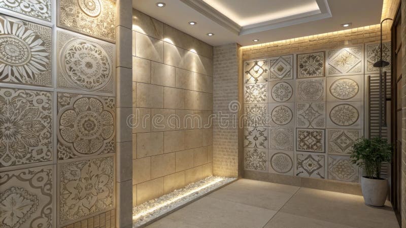 Decorative Wall Tiles Shimmer Under Subtle Recessed Lighting Providing ...