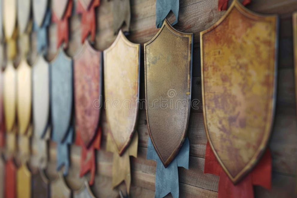 A Decorative Wall with Various Colorful Shields Attached Stock Image ...