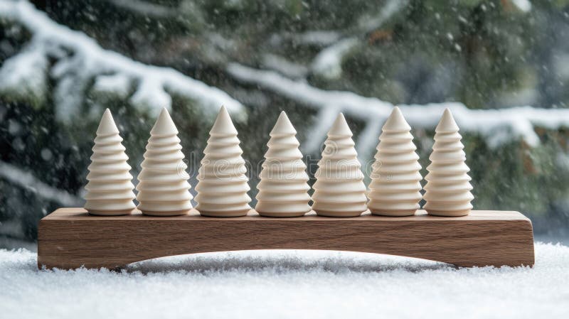 Decorative White Conical Trees on a Wooden Base Winter Setting Stock ...