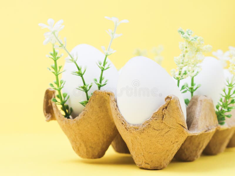 Decorative White Eggs in a Cardboard Box with Spring Flowers on a ...