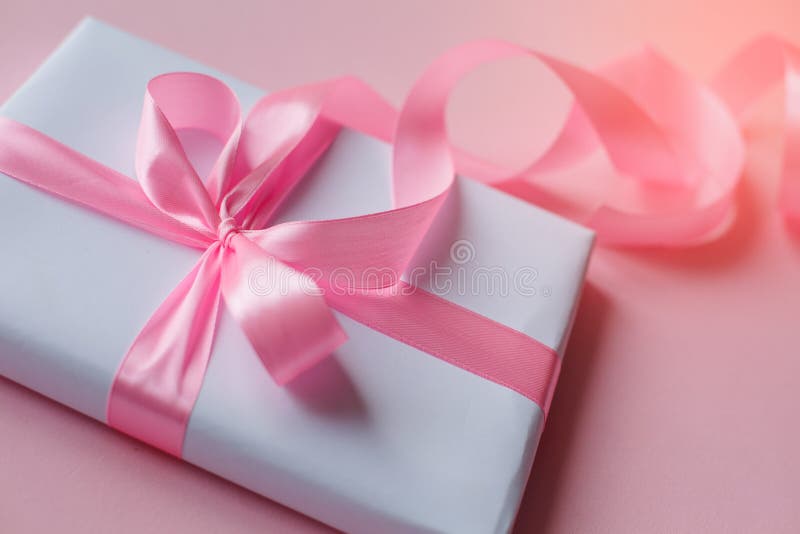 Decorative White Gift Box with Pink Bow and Long Beautiful Ribbon Stock ...