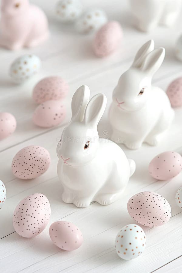 Decorative White Rabbits Surrounded by Pastel-colored Speckled Eggs on ...