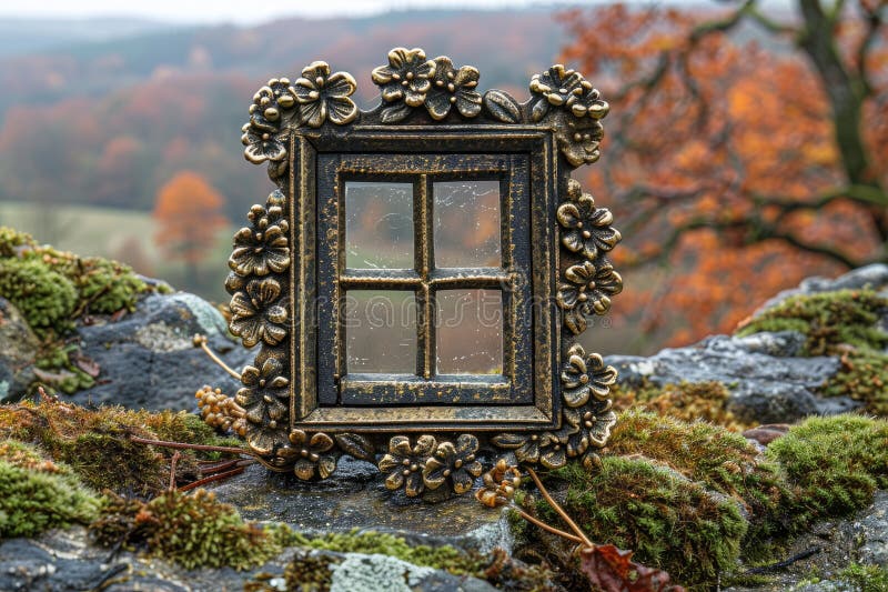 Ornate Miniature Window Frame on Mossy Stone, Autumn Landscape Stock ...