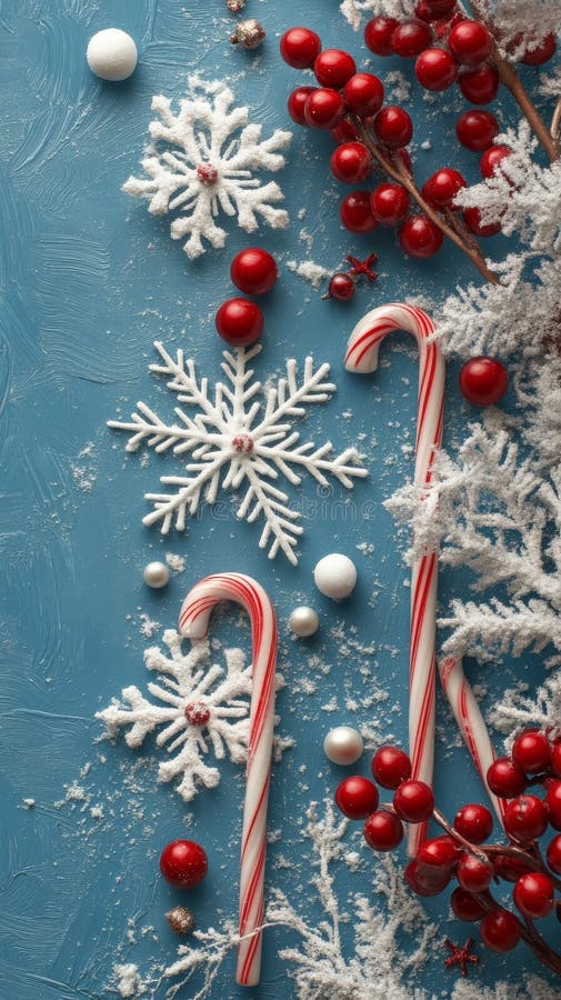Festive Winter Composition with Candy Canes and Red Berries Against a ...