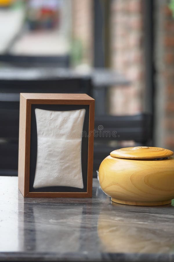 Decorative Wooden Box and Container on a Marble Table Outside Stock ...