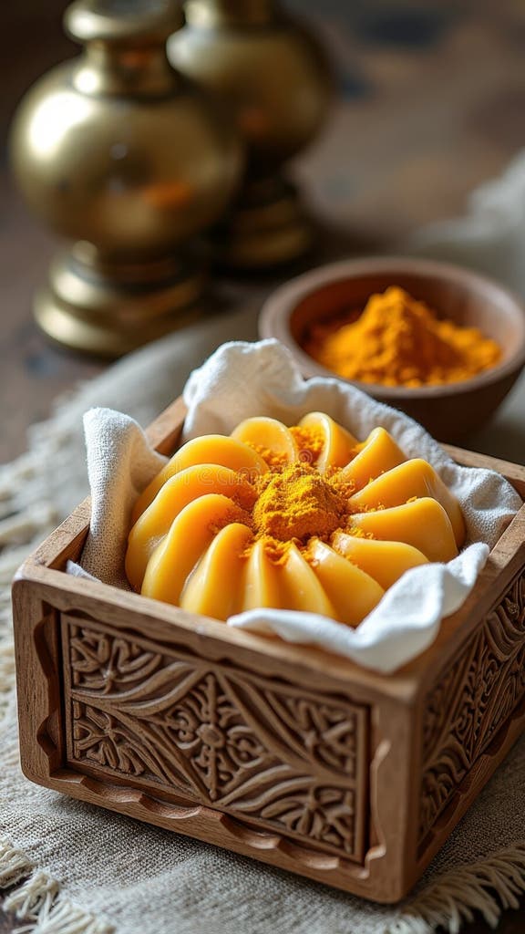 Decorative Wooden Box with Yellow Soap and Turmeric Powder in Rustic ...