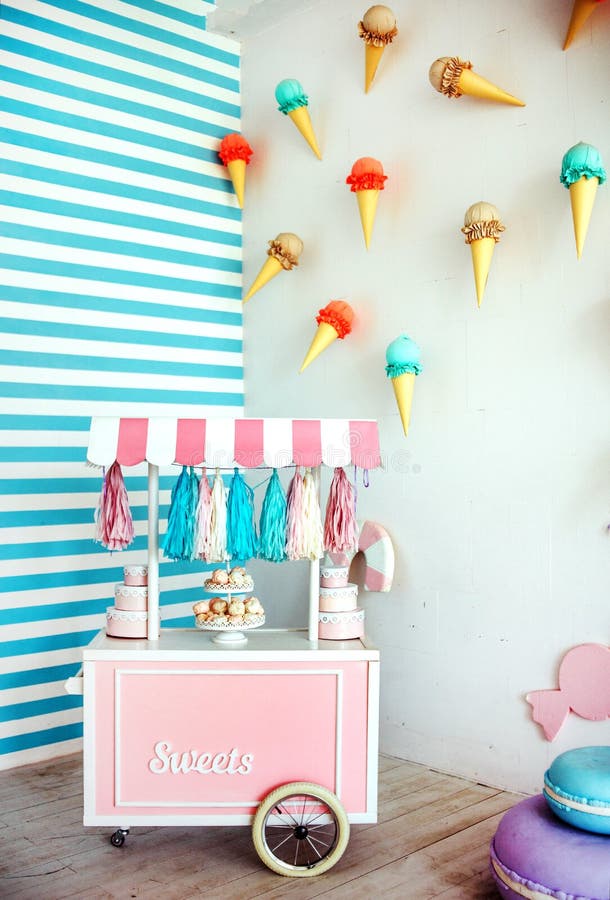 Decorative Wooden Cart with Pink and Blue Candy Bar Stock Photo - Image ...