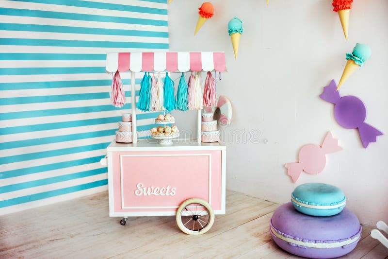 Decorative Wooden Cart with Pink and Blue Candy Bar Stock Image - Image ...