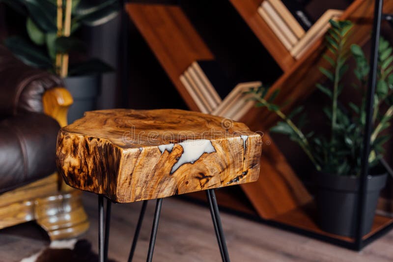 Decorative Wooden Coffee Table in Loft Style. Antique Table with Elements of Epoxy Resin. in the ...