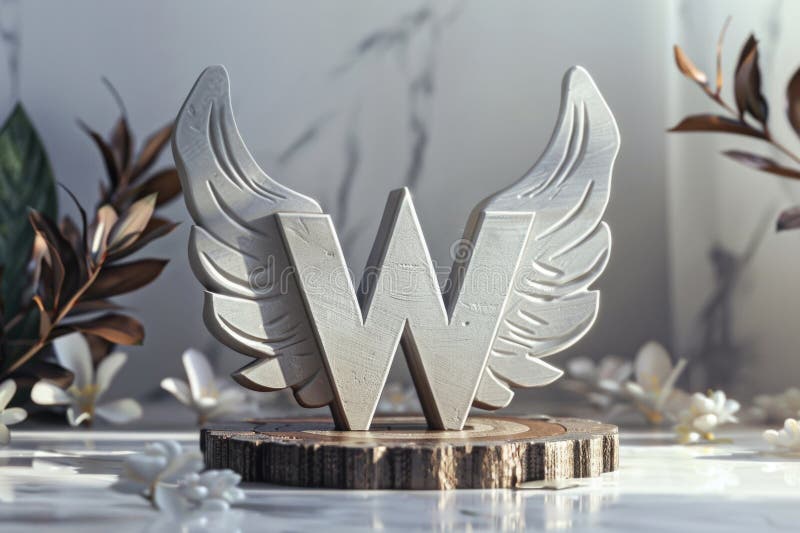 A Decorative Wooden Letter W with Wing-shaped Extensions, Placed on a ...