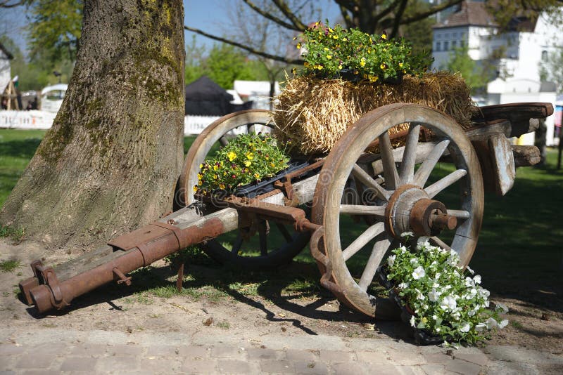 Decorative Wooden Pull Cart with Flowers Stock Photo - Image of rural ...