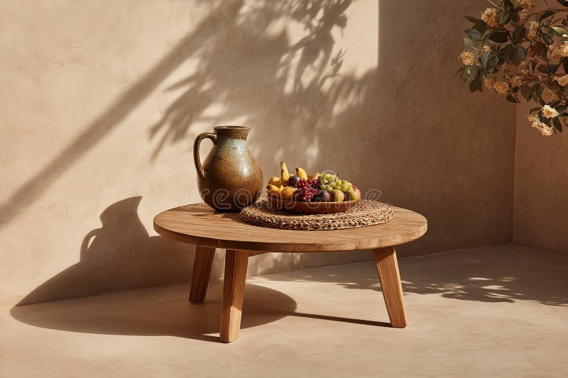 Decorative Wooden Table Set with a Fruit Bowl and Ceramic Pitcher in a ...