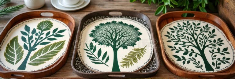 Decorative Wooden Trays with Nature-inspired Leaf and Tree Designs on ...
