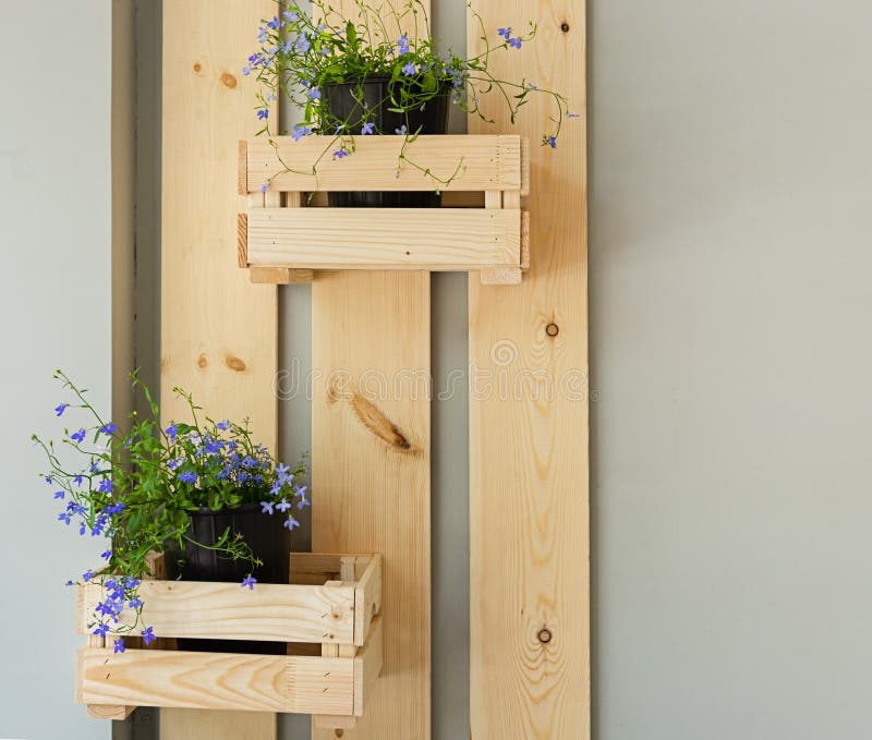 Decorative Wooden Wall with Wooden Boxes and Potted Flowers Stock Image ...