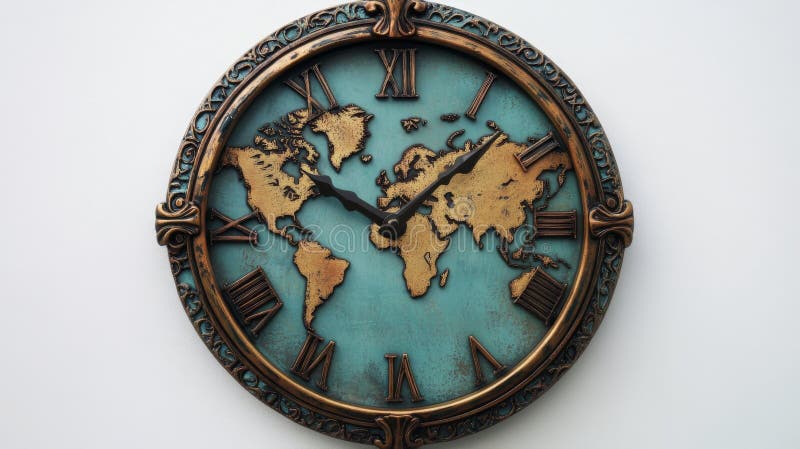 Decorative World Map Clock with Rustic Antique Design Stock Image ...
