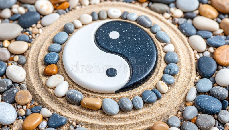 A Decorative Yin Yang Symbol Made of Black and White Stone Surrounded ...
