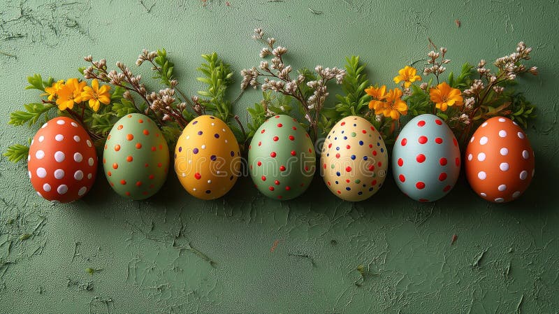 Decoratively Painted Easter Eggs Arranged on Green Concrete Surface ...