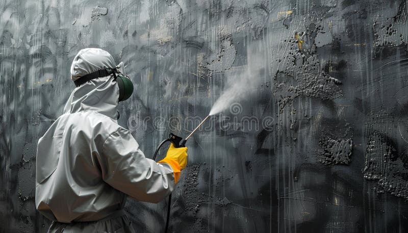 Decorator Dyeing Wall in Grey Color with Spray Paint Indoors, Back View ...