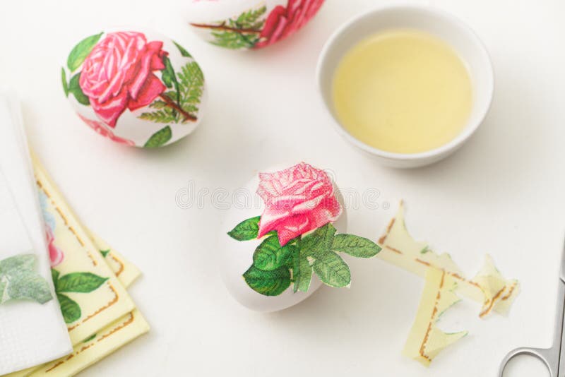Decoupage on White Eggs. the Decoration of Eggs for Easter. Stock Image ...