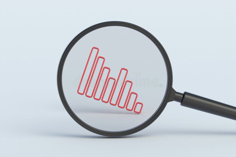 Decreasing Bar Graph Behind Magnifying Glass Stock Illustration ...