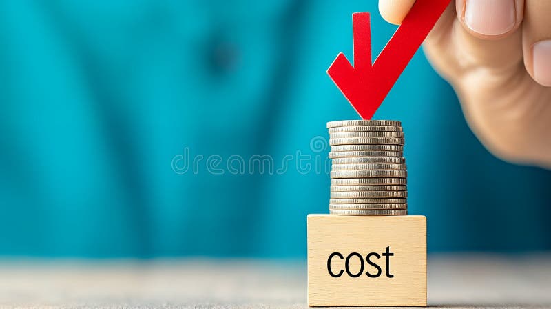 Decreasing Costs Concept Red Arrow Pointing Down on Stack of Coins ...