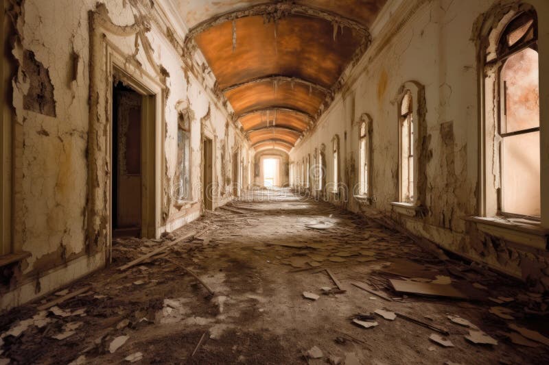 Decrepit Corridor with Peeling Walls and Ceiling. Generative AI Stock ...