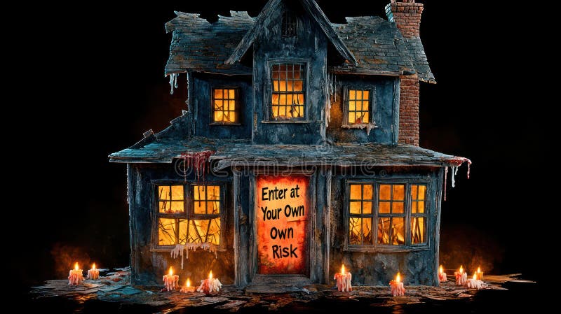 A Decrepit Haunted House with Broken Windows Lit by Flickering Candles ...